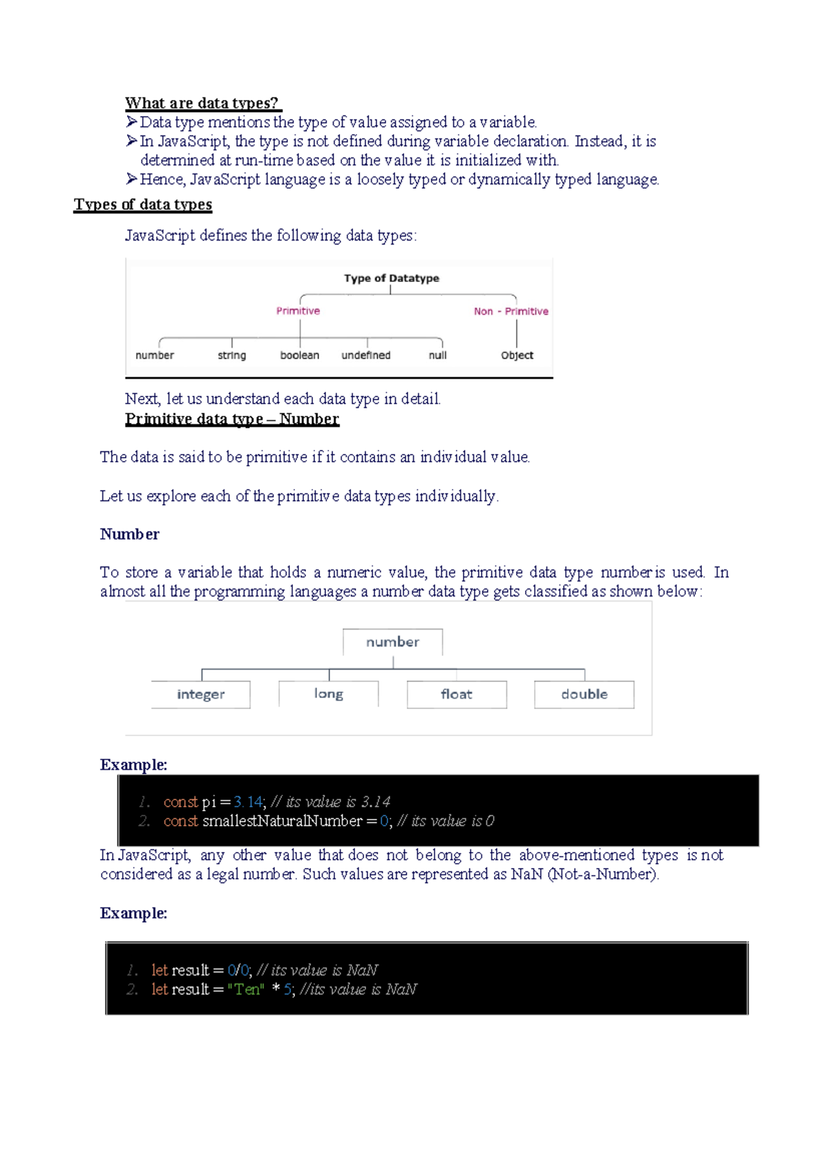 What are data types - Mean stack development notes - let result = 0 / 0 ...