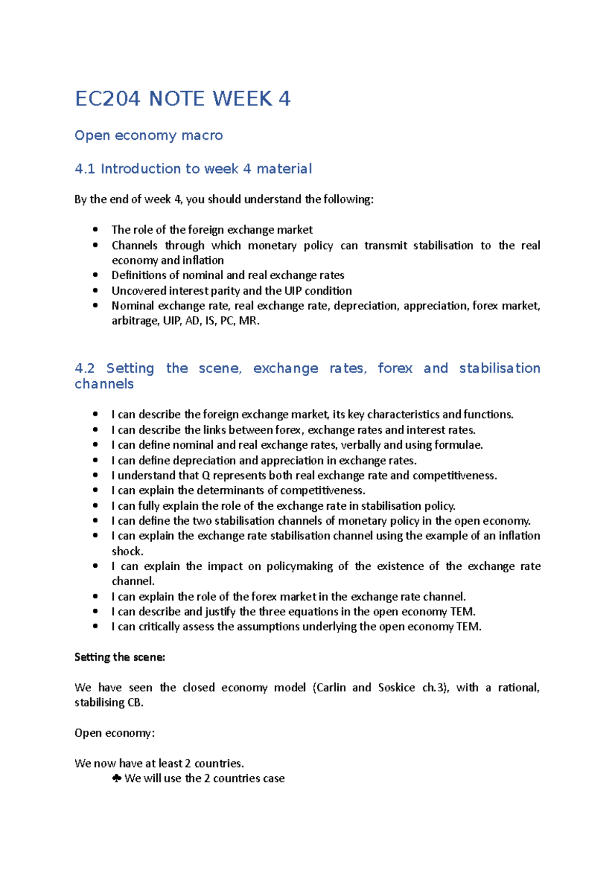 EC204 TERM 1 WEEK 4 NOTES - EC204 NOTE WEEK 4 Open economy macro 4 ...