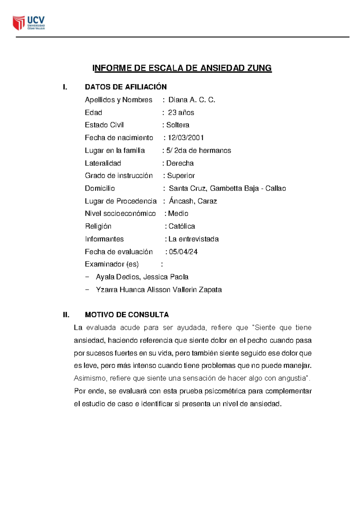 Pruebas E Informes DE Pruebas Psicologicas - INFORME DE ESCALA DE ANSIEDAD ZUNG I. DATOS DE ...