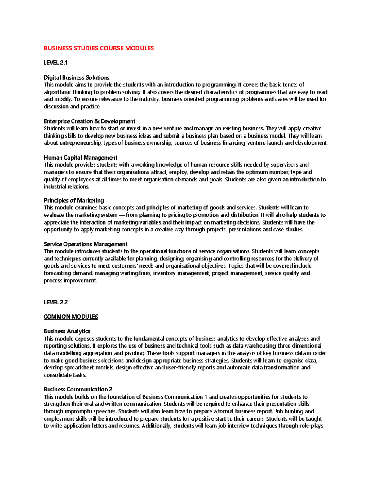 Module Description BS Year 2 - BUSINESS STUDIES COURSE MODULES LEVEL 2 ...