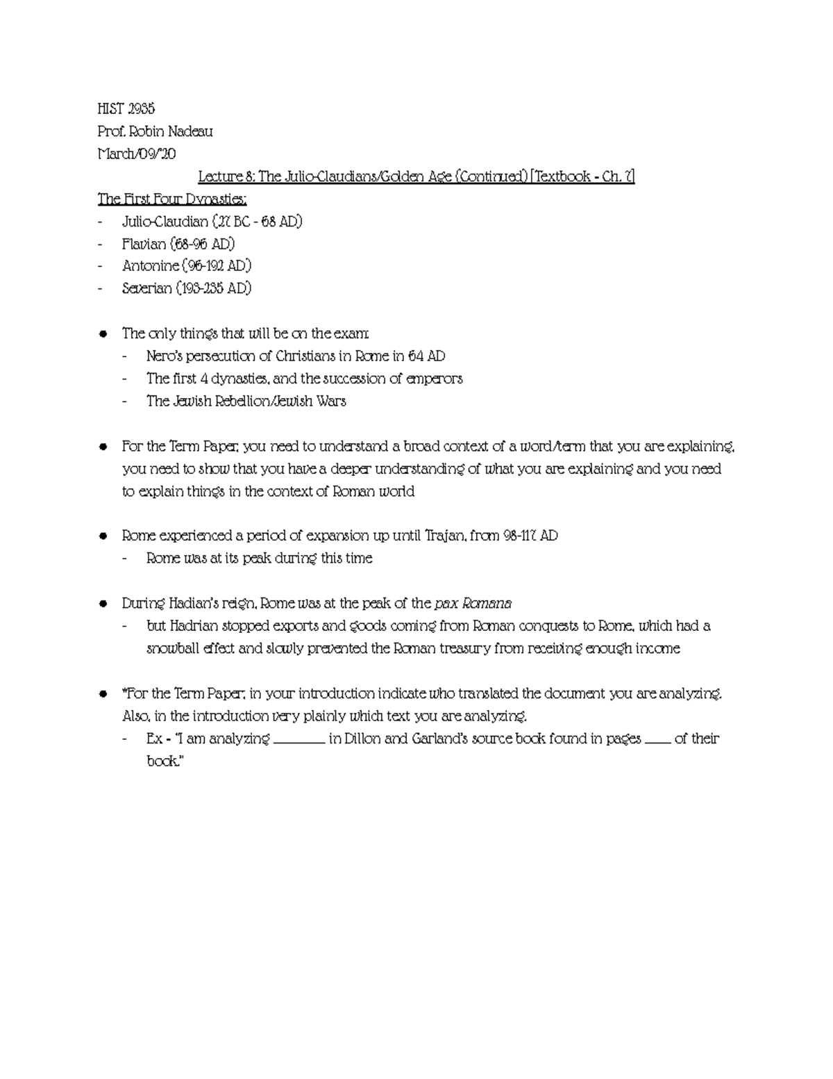 HIST 2935 lecture 8 - Winter 2020 Professor Robin Nadeau - HIST 2935 ...