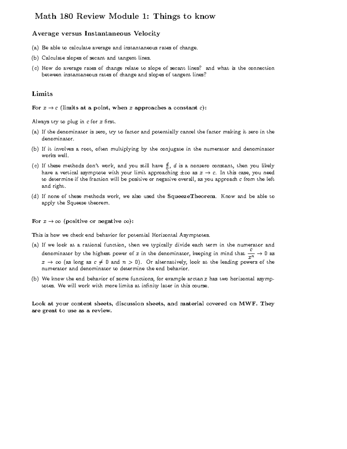 Math 180 Review Module 1 Fall 2020 - Math 180 Review Module 1: Things ...