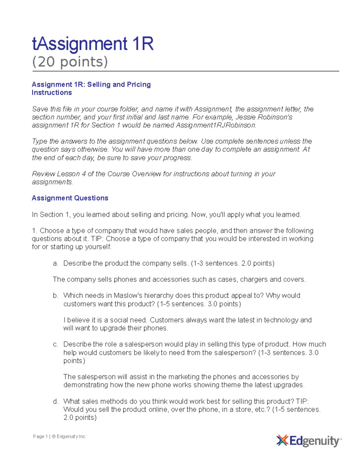 Assignment answered - edgenuity - tAssignment 1R (20 points) Assignment ...