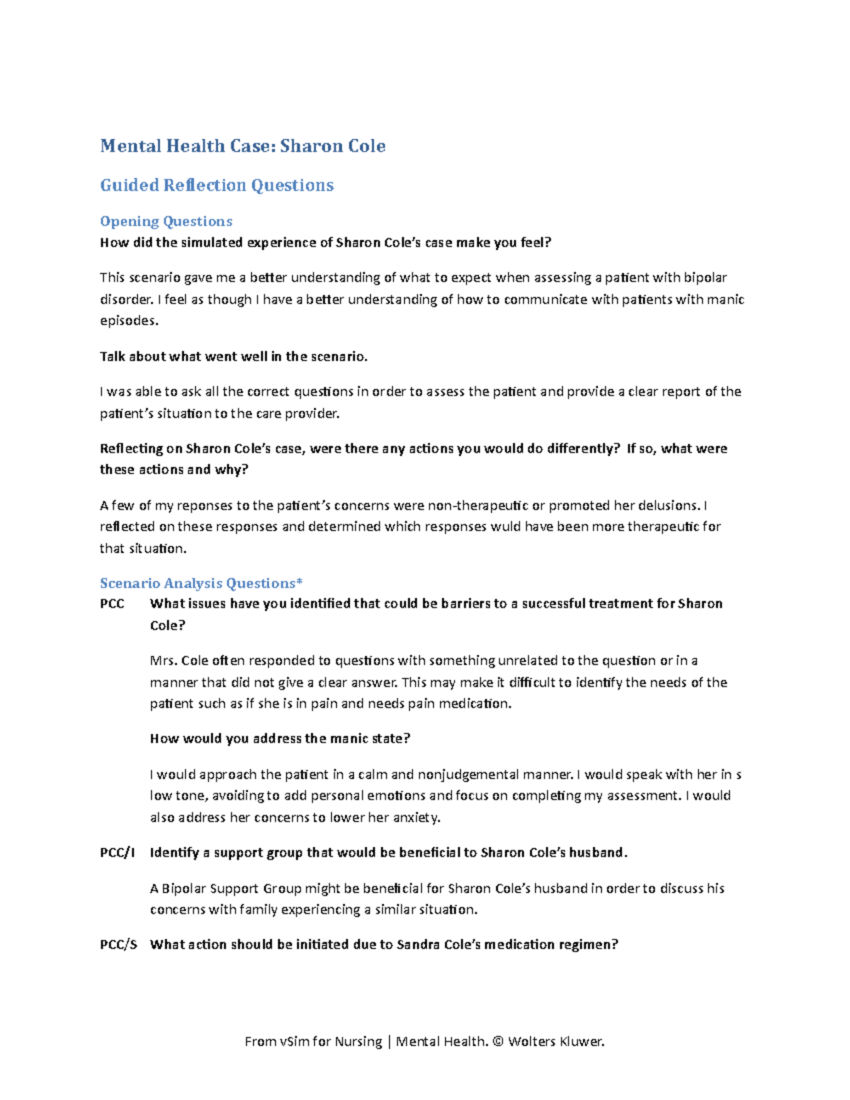 Mental Health Sharon Cole GRQ - Mental Health Case: Sharon Cole Guided ...