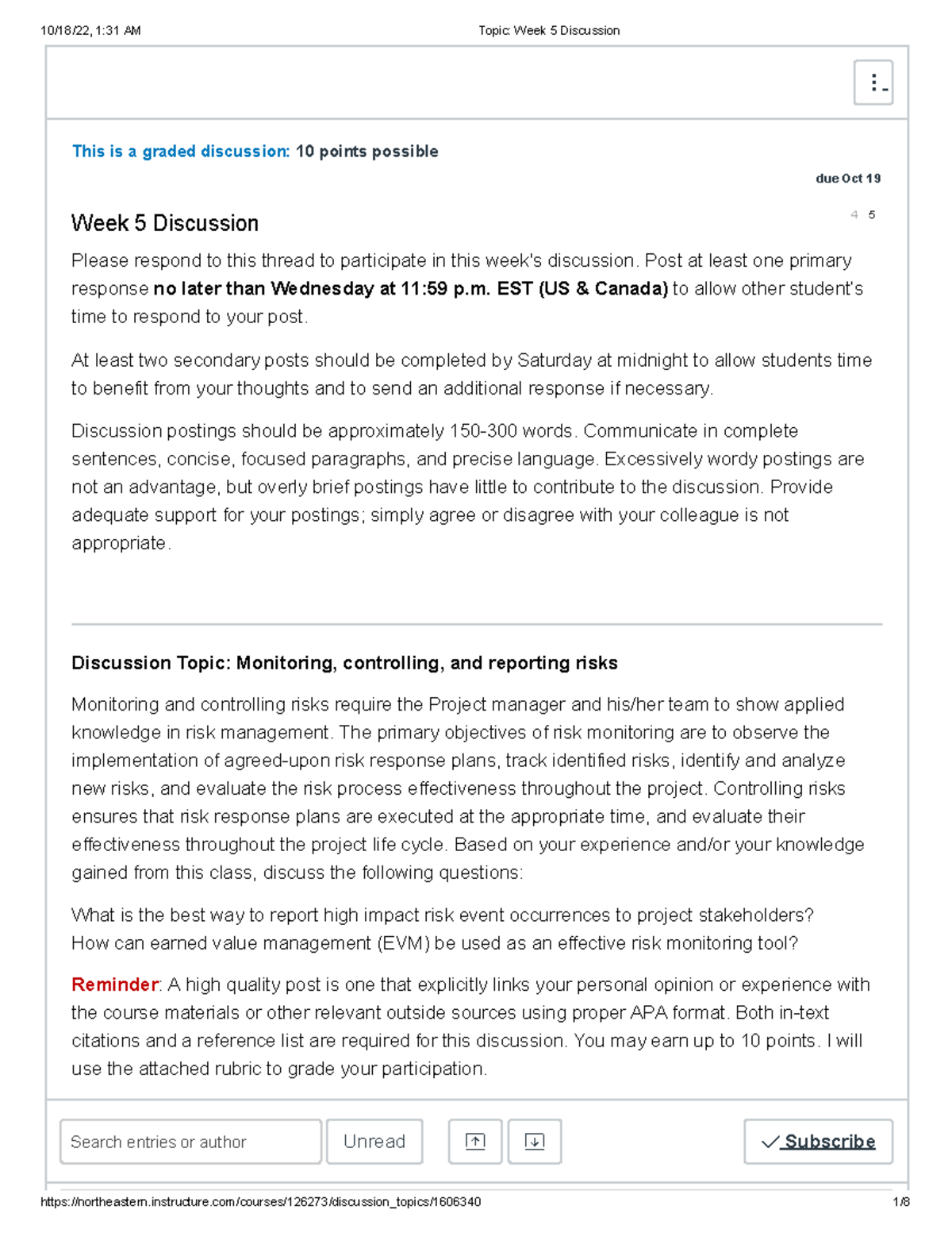 Week 5 - Discuss week 5 - û This is a graded discussion: 10 points ...