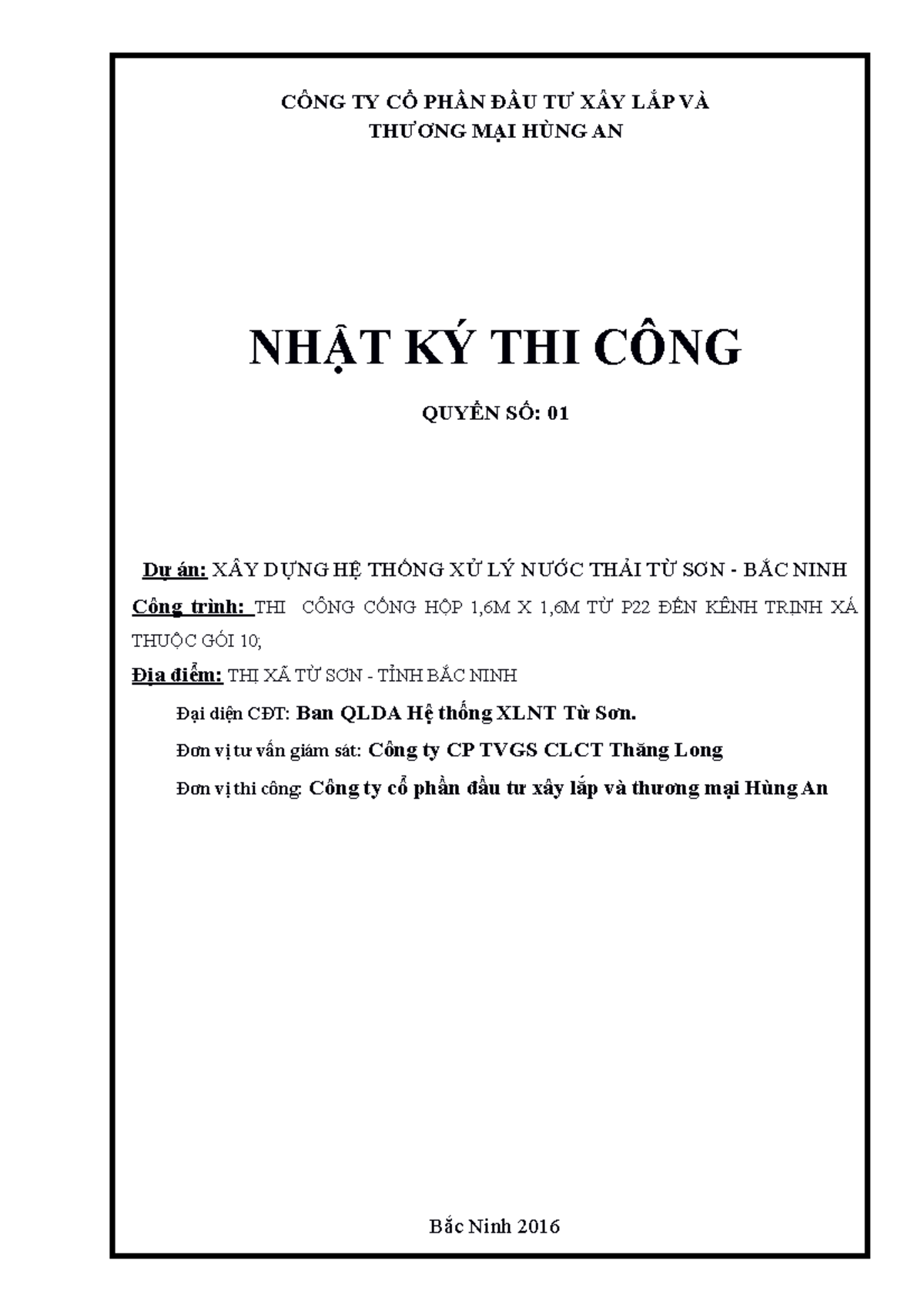 Bia nhat ky - Thankyou - CÔNG TY CỔ PHẦN ĐẦU TƯ XÂY LẮP VÀ THƯƠNG MẠI HÙNG AN NHẬT KÝ THI CÔNG ...
