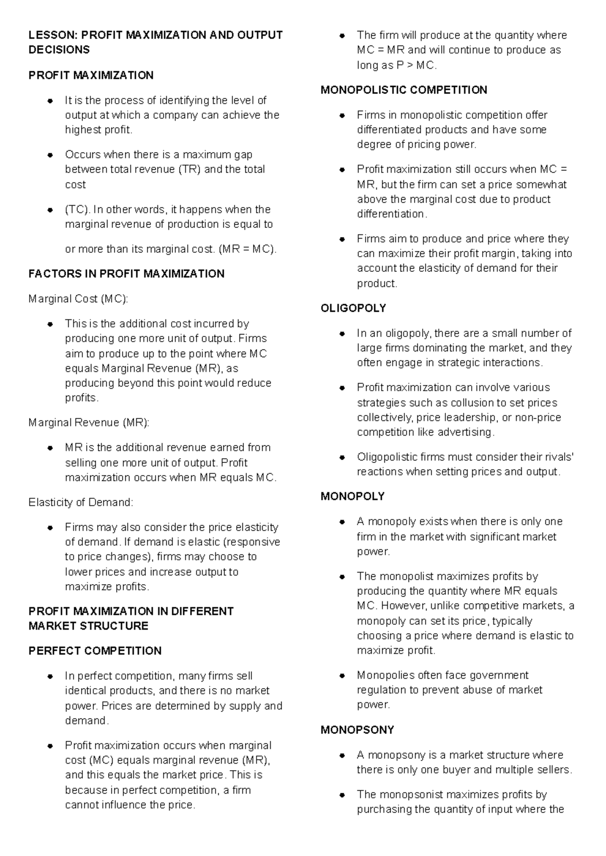 PROFIT MAXIMIZATION AND OUTPUT DECISIONS NOTES - LESSON: PROFIT ...