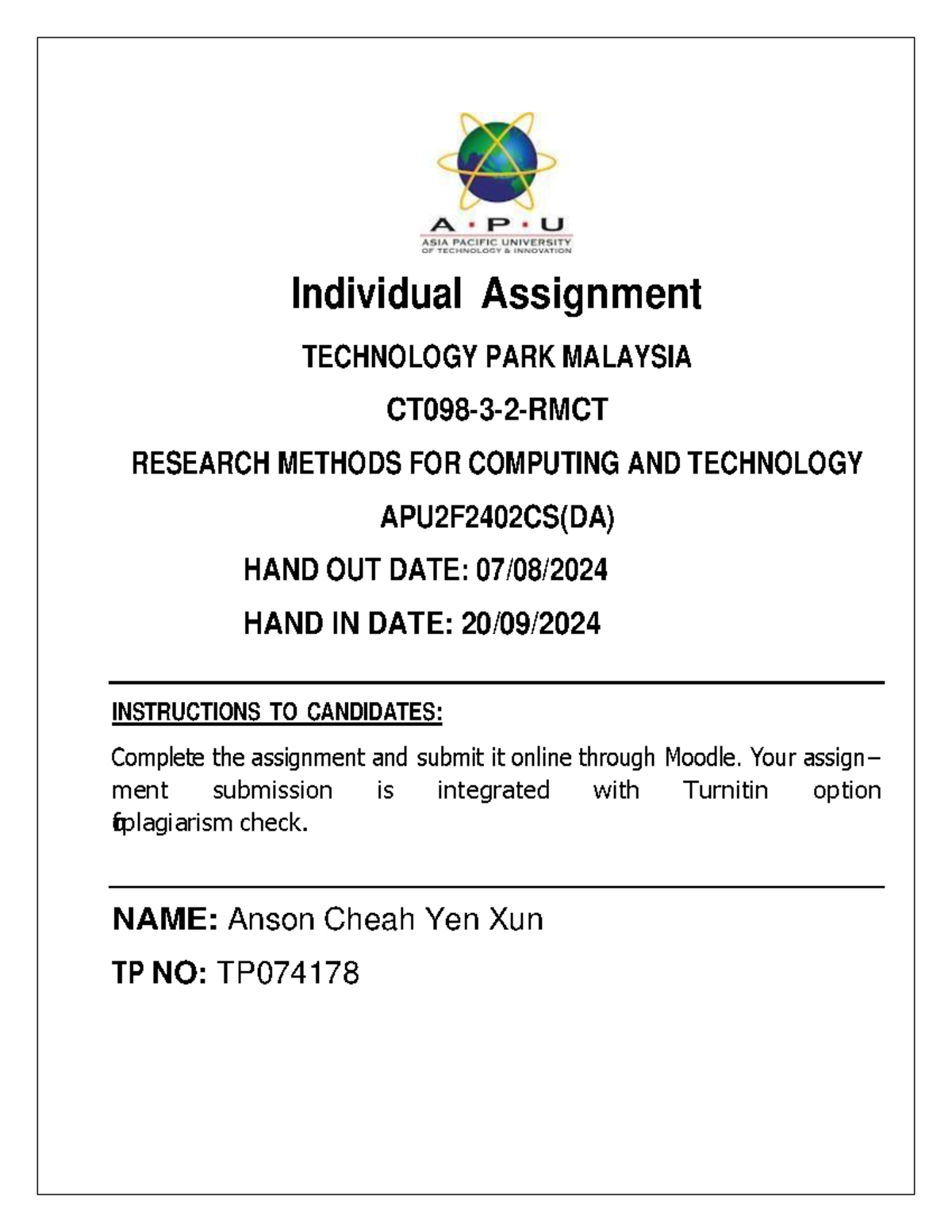 RMCT Assignment (TP074178) - Individual Assignment TECHNOLOGY PARK MALAYSIA CT098- 3 - 2 - RMCT ...