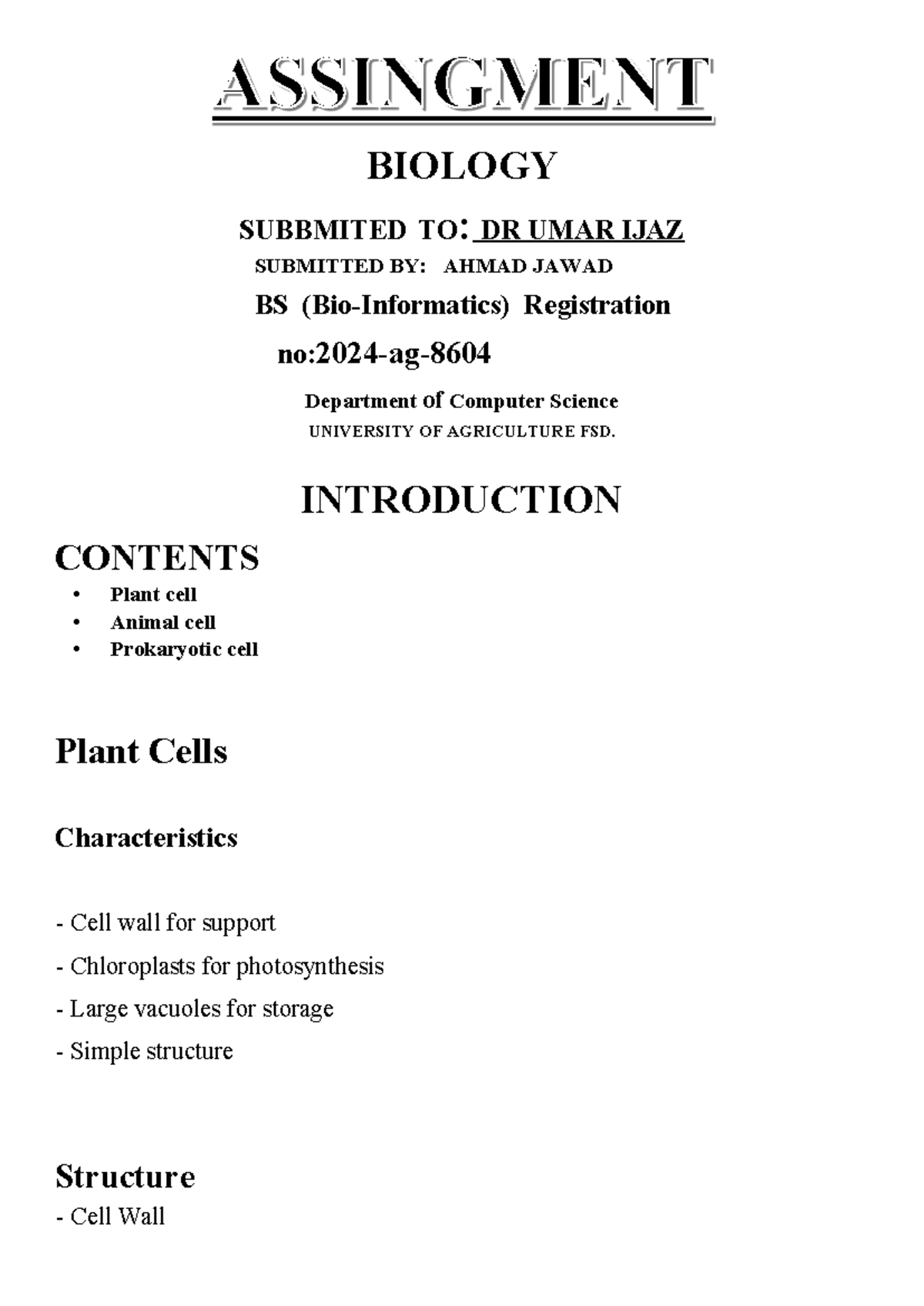 Assingment.docx Jawad pdf - BIOLOGY SUBBMITED TO: DR UMAR IJAZ SUBMITTED BY: AHMAD JAWAD BS ...