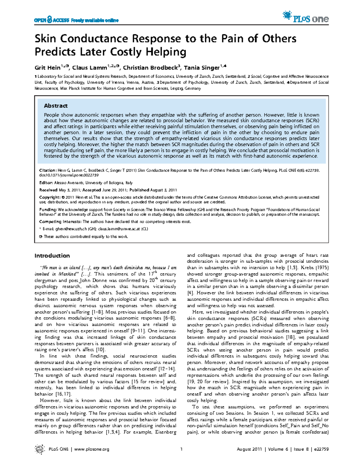 Articolo skin conductance response to the pain of others predicts later ...