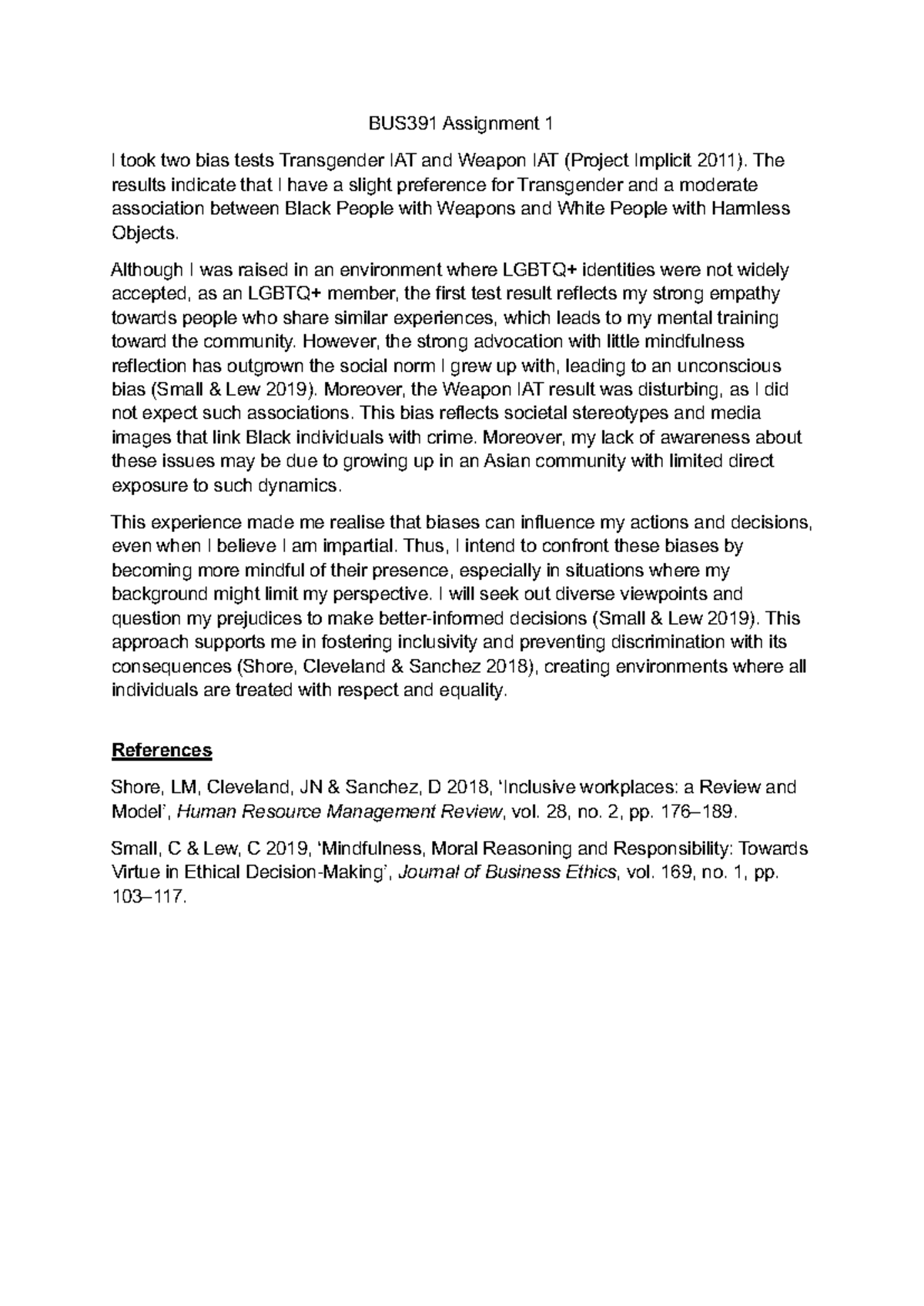 BUS391 Assignment 1 - HD Score - BUS391 Assignment 1 I took two bias ...