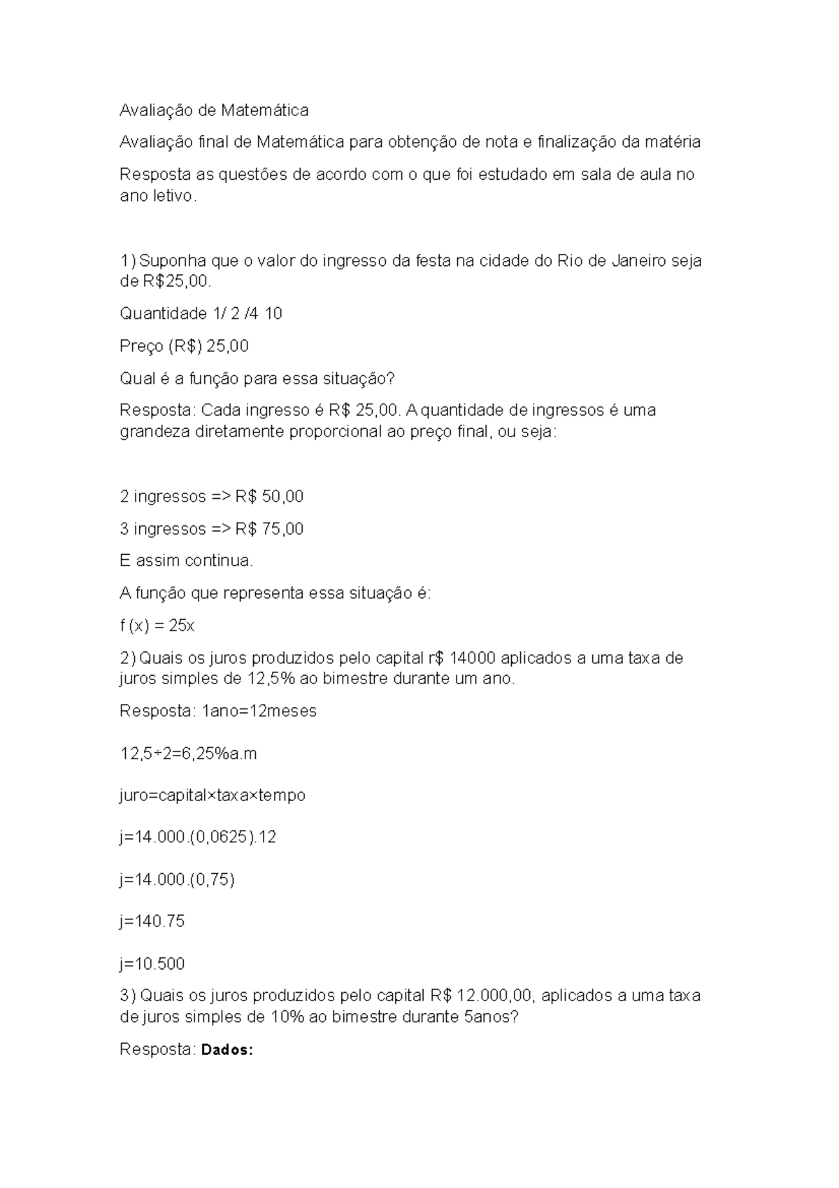 Prova De Matematica Avaliação De Matemática Avaliação Final De 1575