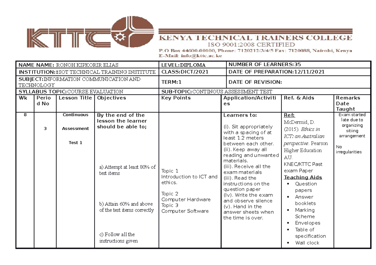 Elias TEST Scheme OF WORK eli - NAME NAME: RONOH KIPKORIR ELIAS LEVEL ...