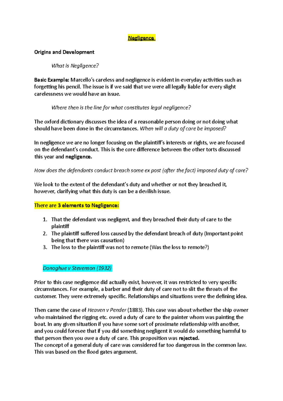Negligence Notes - Negligence Origins and Development What is ...