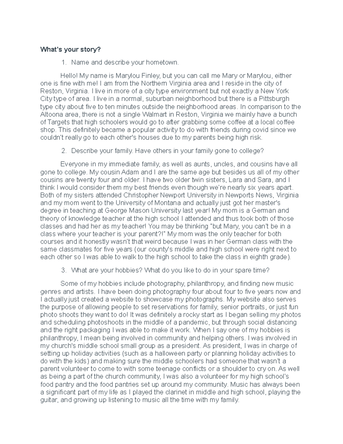 What's your story - Introduction to sociology - What's your story? Name ...