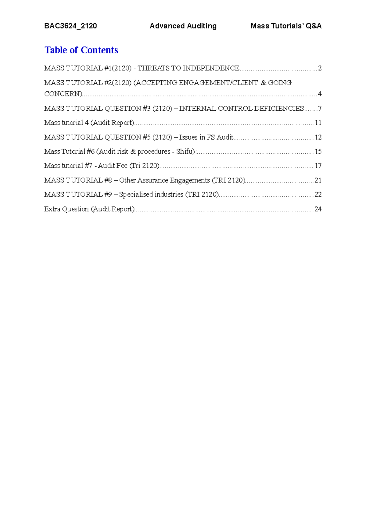 All Mass Tutorials for extra examination purpose - Table of Contents ...
