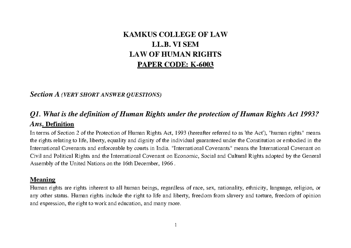 Human Rights sample copy - KAMKUS COLLEGE OF LAW LL. VI SEM LAW OF ...