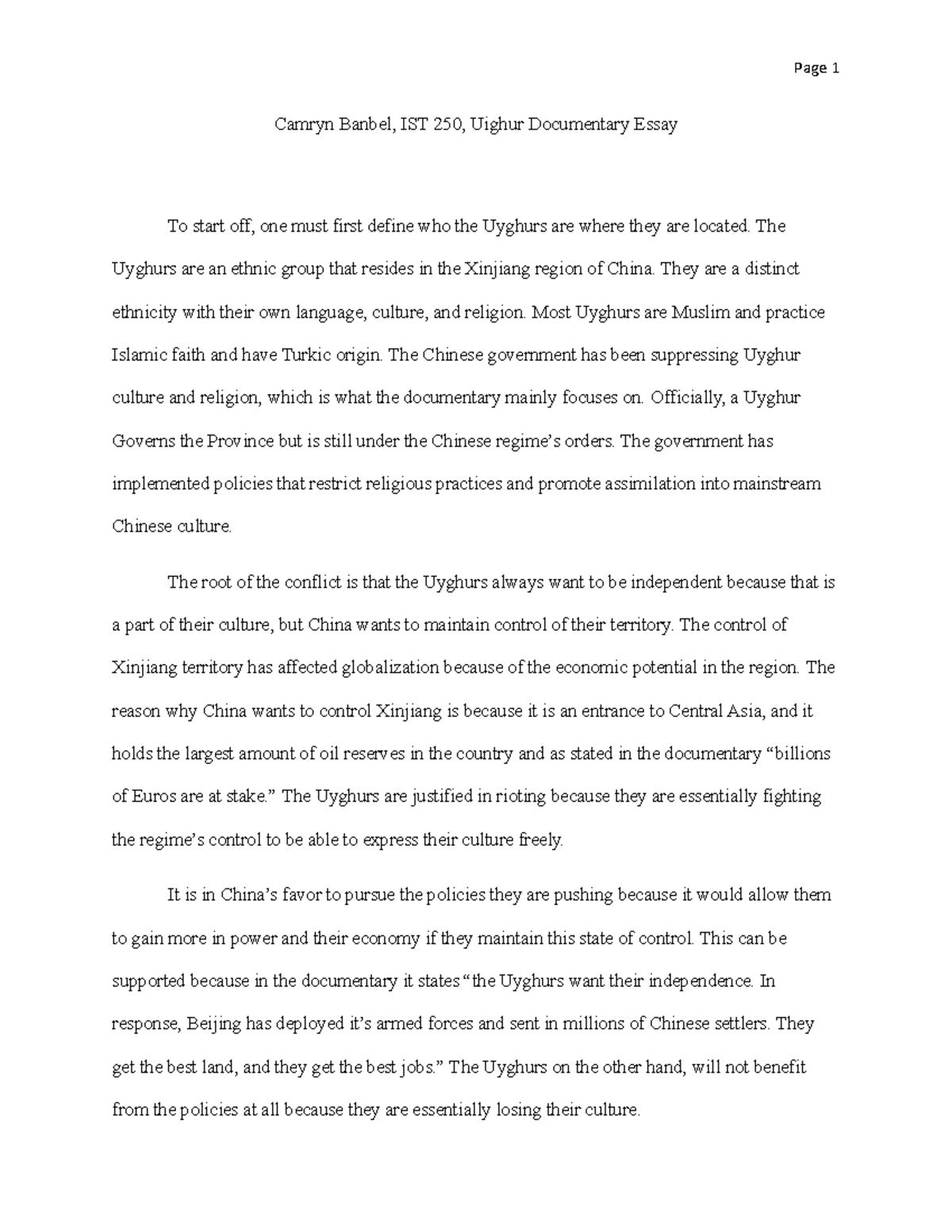 Documentary Essay CB - Holcomb - Page 1 Camryn Banbel, IST 250, Uighur ...