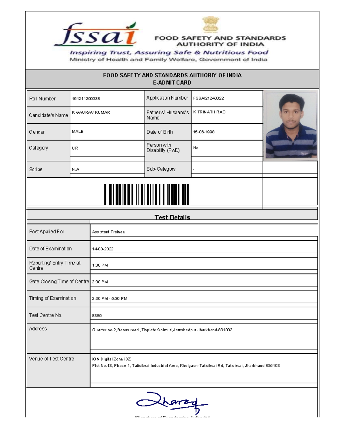 Fssai Trainee - HAPPWH - Photograph Barcode FOOD SAFETY AND STANDARDS ...