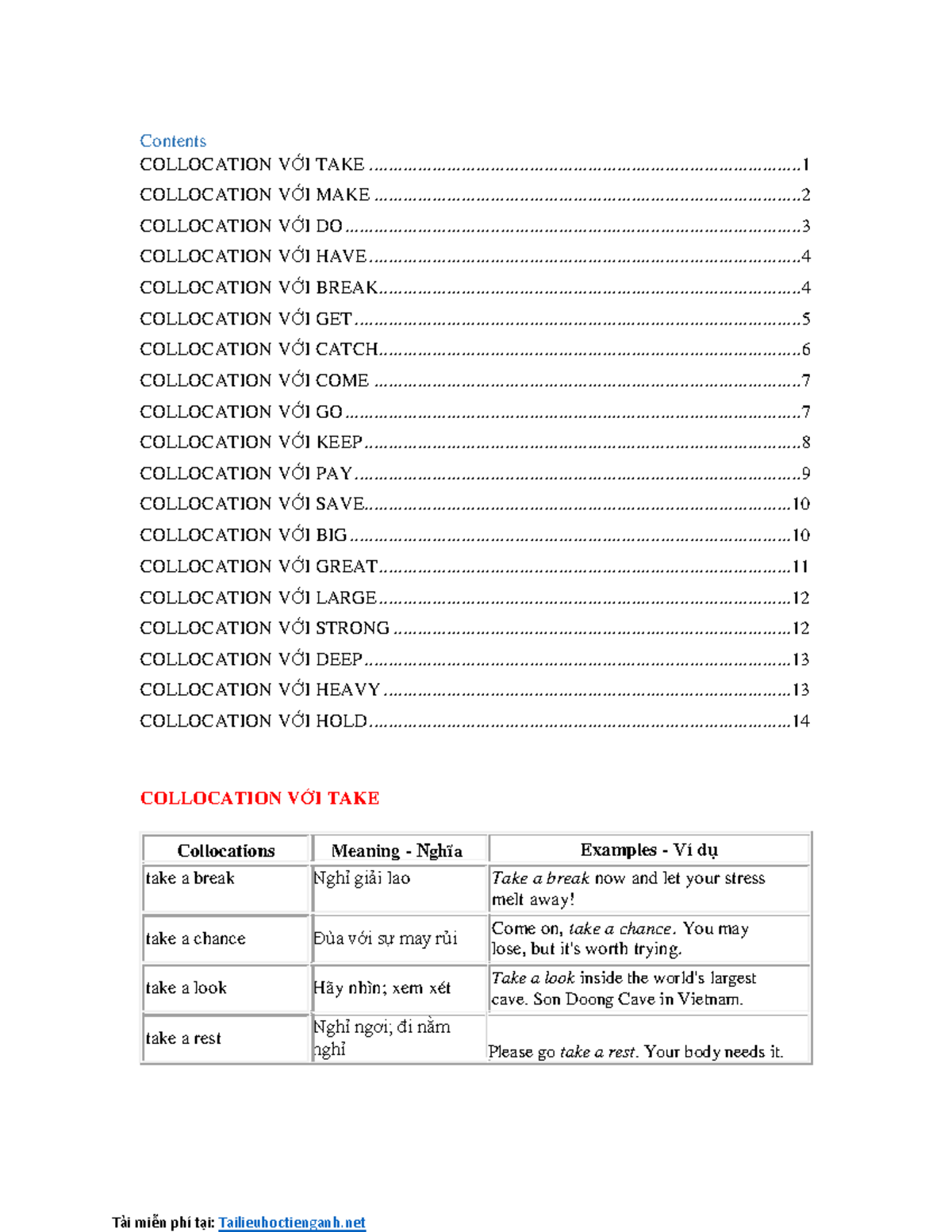 Các Collocation thường gặp - Contents COLLOCATION VỚI TAKE - Studocu
