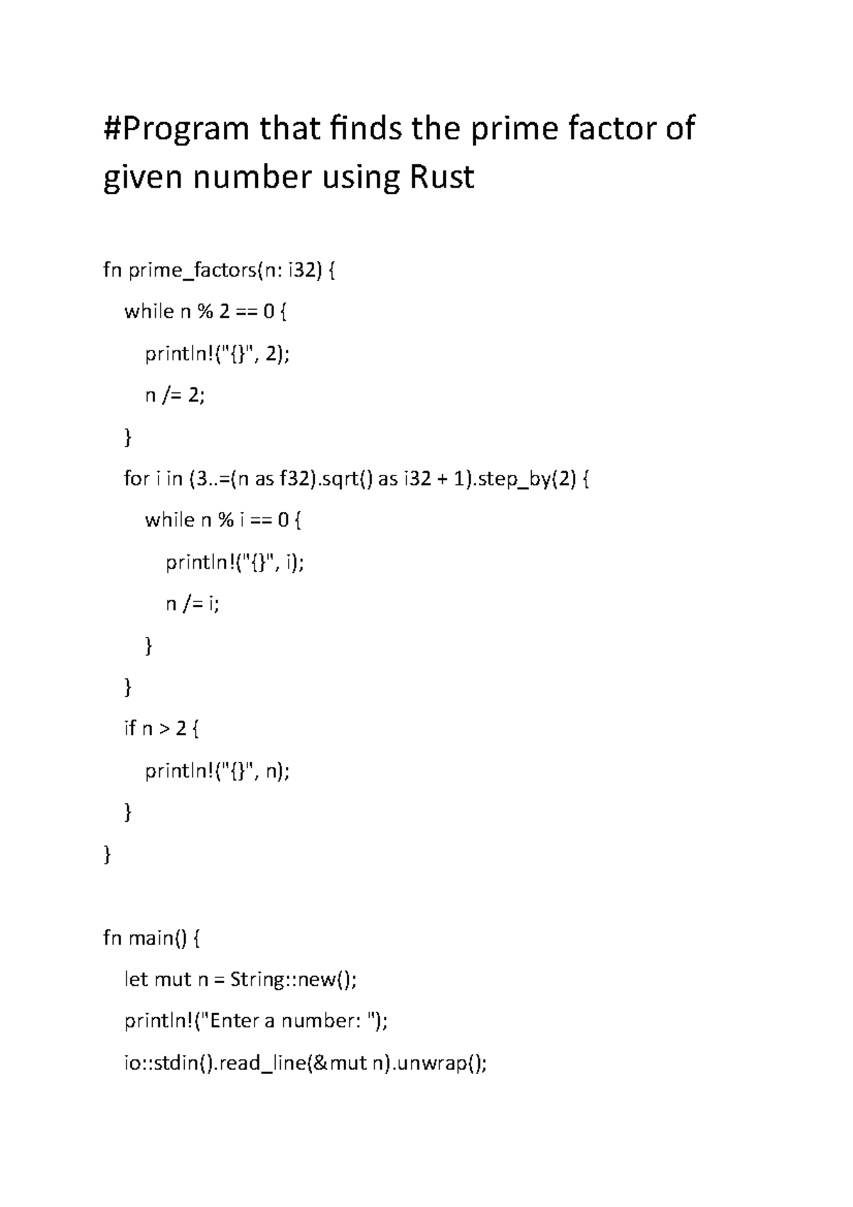 Prime factor of -Rust - #Program that finds the prime factor of given number using Rust fn - Studocu