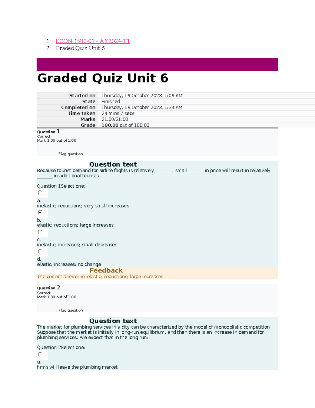 ECON 1580 graded quiz unit 6 - 1. ECON 1580-01 - AY2024-T 2. Graded Quiz Unit 6 Graded Quiz Unit ...