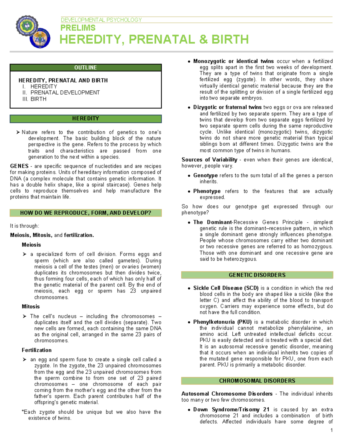 Heredity Prenatal Birth Prelims - DEVELOPMENTAL PSYCHOLOGY PRELIMS ...