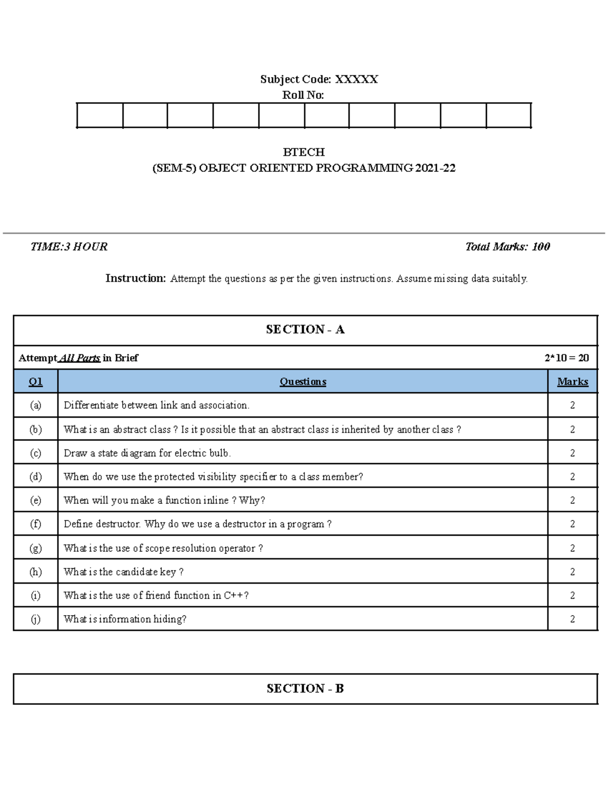 Object Oriented System Design Question Paper 21 22 Subject Code Xxxxx Roll No Btech Sem 5
