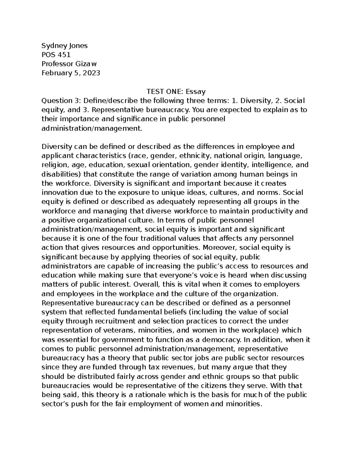 POS 451 Test One Essay - Sydney Jones POS 451 Professor Gizaw February ...