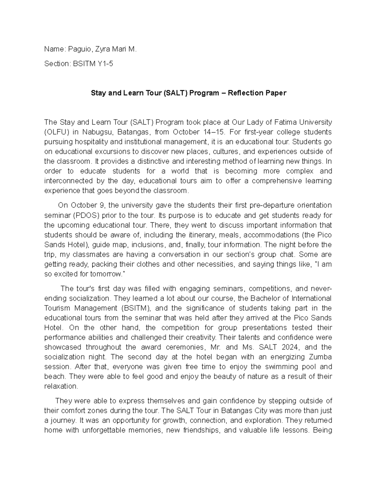 SALT TOUR - Reflection Paper - Name: Paguio, Zyra Mari M. Section ...