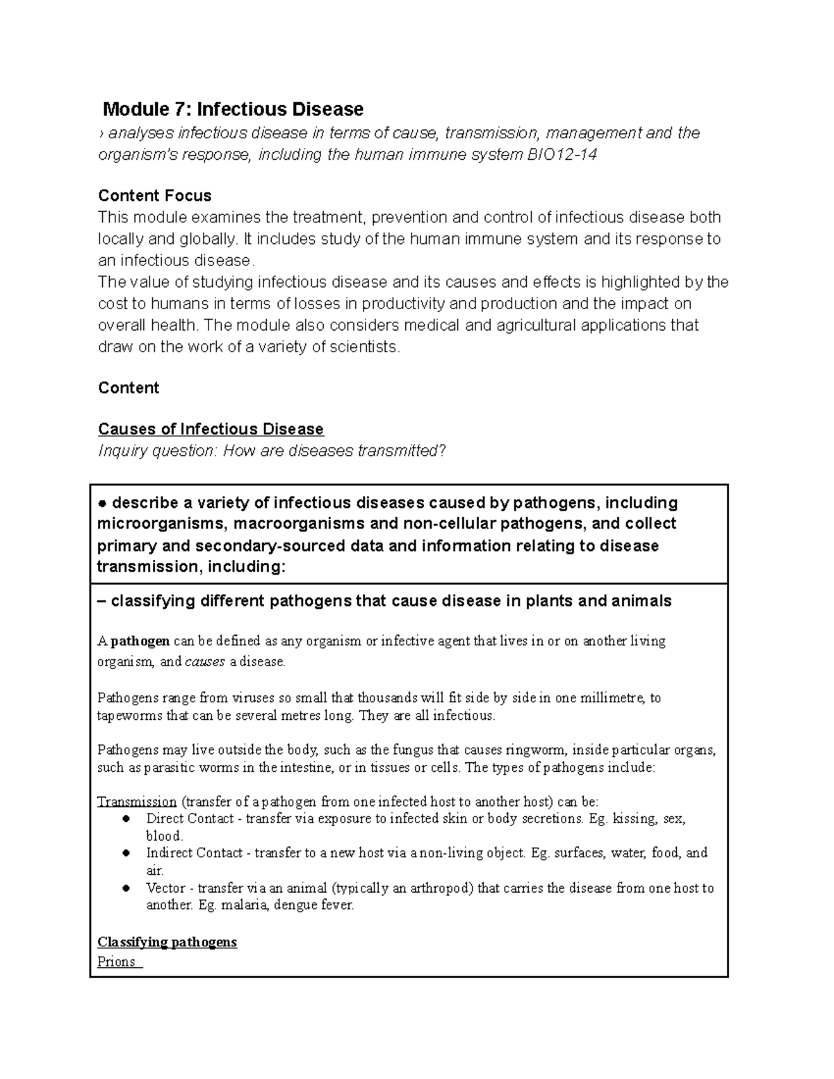 Year 12 HSC Biology- Module 7 Infectious Diseases Notes - Module 7 ...