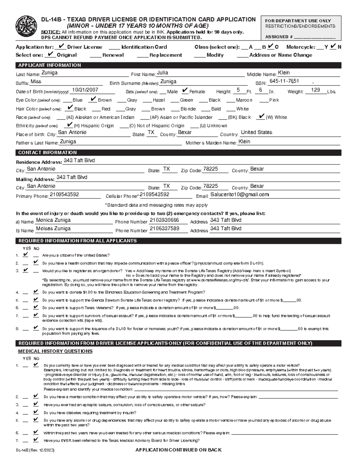 DL-14B Application for DL - DL-14B (Rev. 12/2023) REQUIRED INFORMATION ...