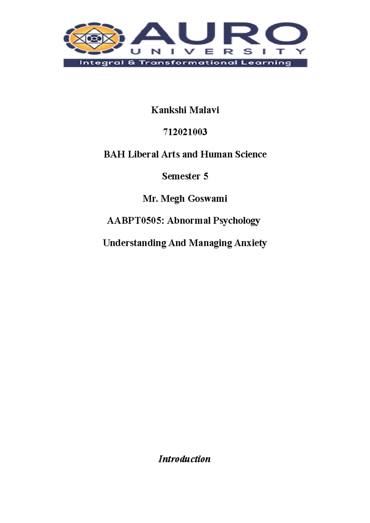 Understanding And Managing Anxiety Kankshi Malavi Sem 5 Abnormal ...