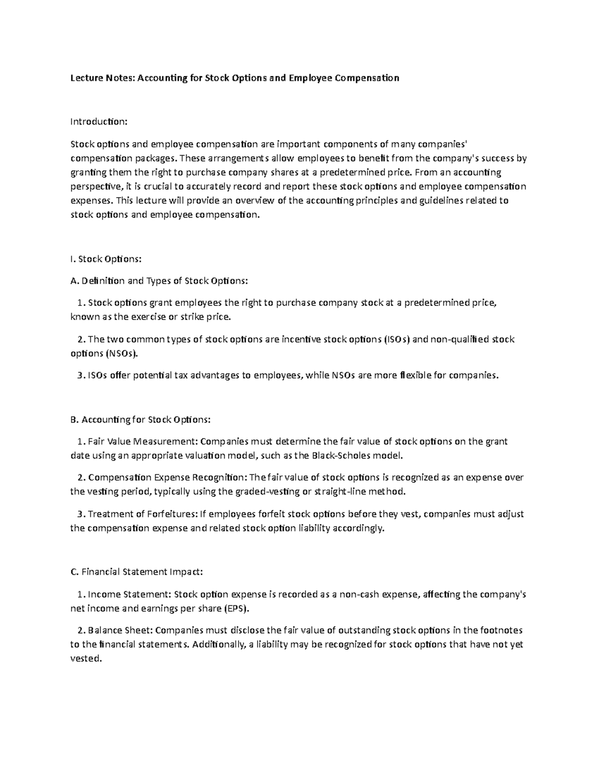 Lecture Notes Accounting For Stock Options And Employee Compensation Lecture Notes