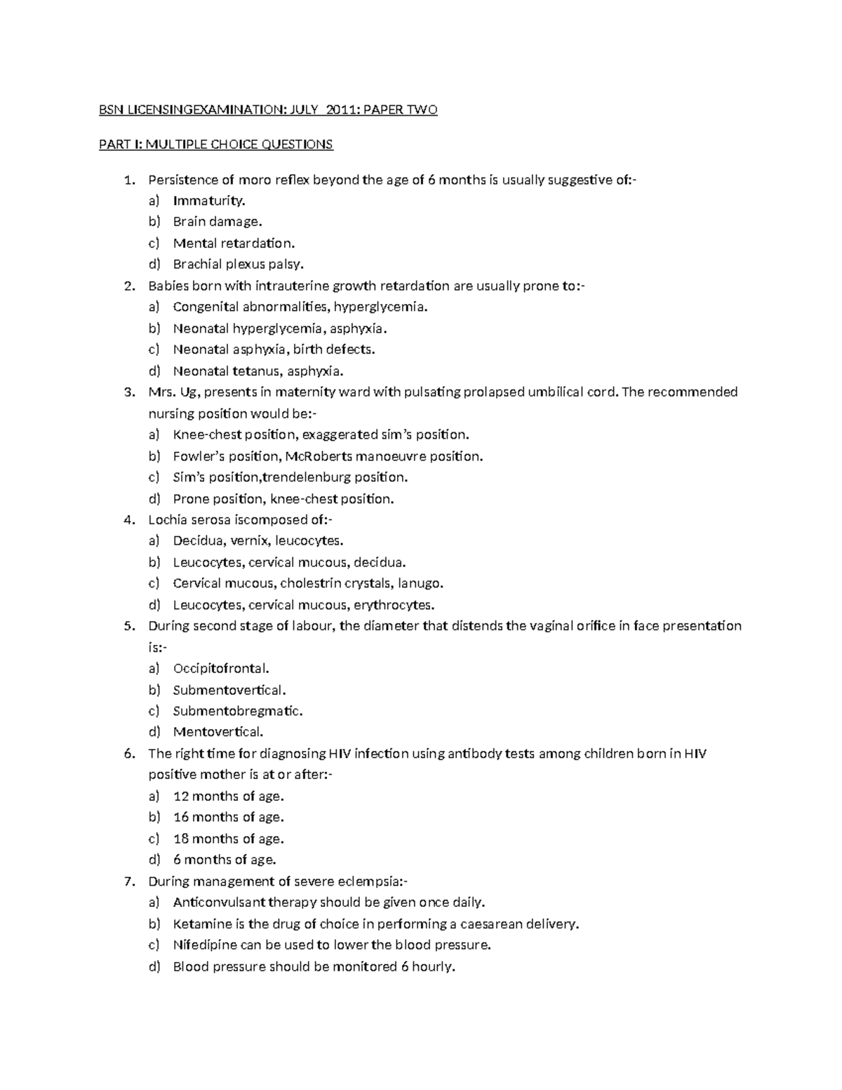 BSN JULY 2011 PP2 - Revision - BSN LICENSINGEXAMINATION: JULY 2011 ...