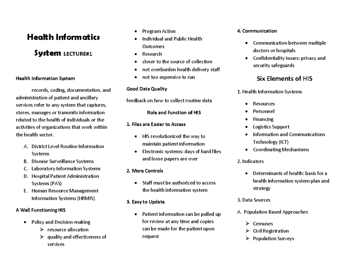 HIS FOR MLS Midterms - ENJOY - Health Informatics System LECTURE ...