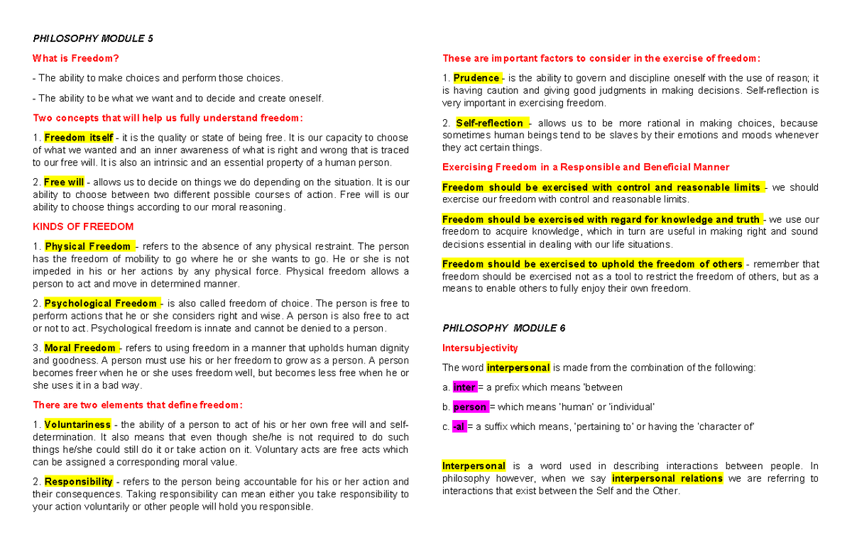 Philo- Reviewer - PHILOSOPHY MODULE 5 What is Freedom? The ability to make choices and perform ...