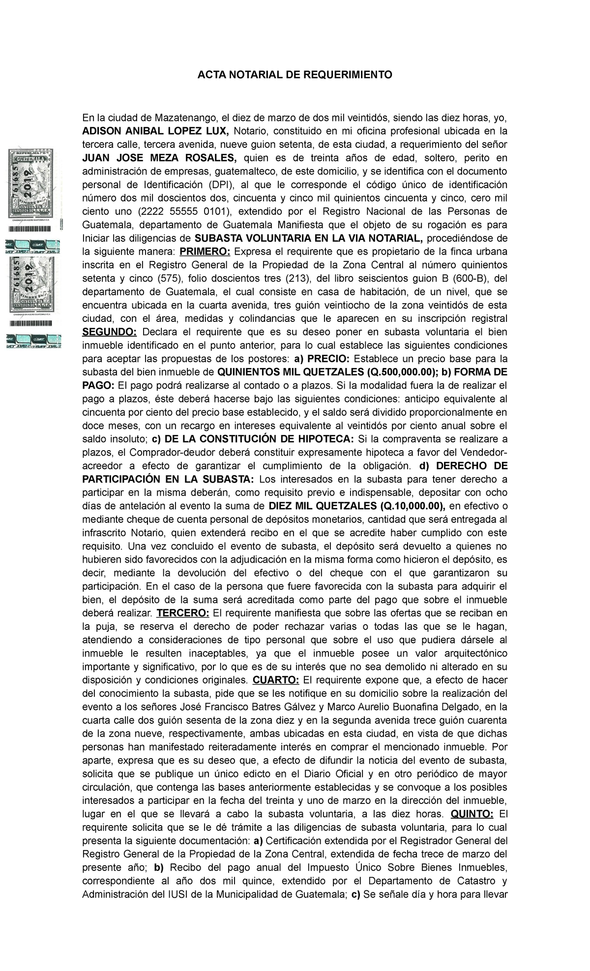 Requerimiento Subasta Anibal Lopez examen final 3 - ACTA NOTARIAL DE ...