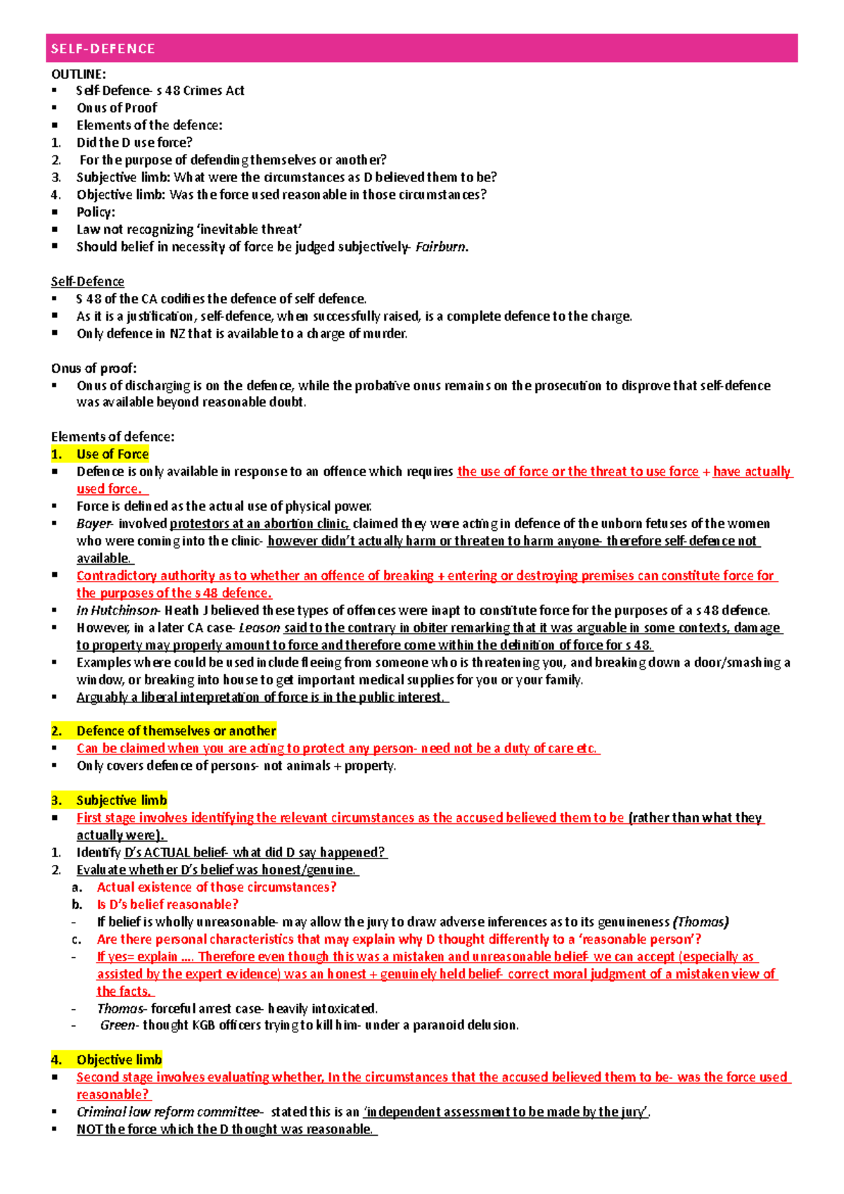 Self-Defence - Exam summary - SELF-DEFENCE OUTLINE: Self-Defence- s 48 ...