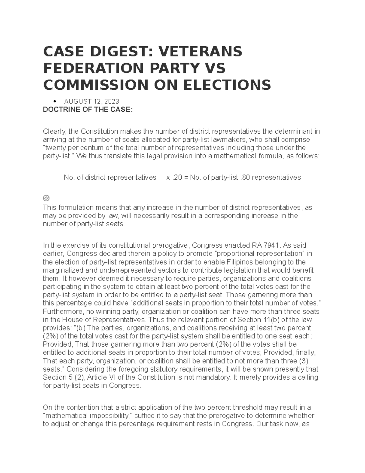 CASE Digestcase Digest Veterans Federation Party VS Commission ON ...