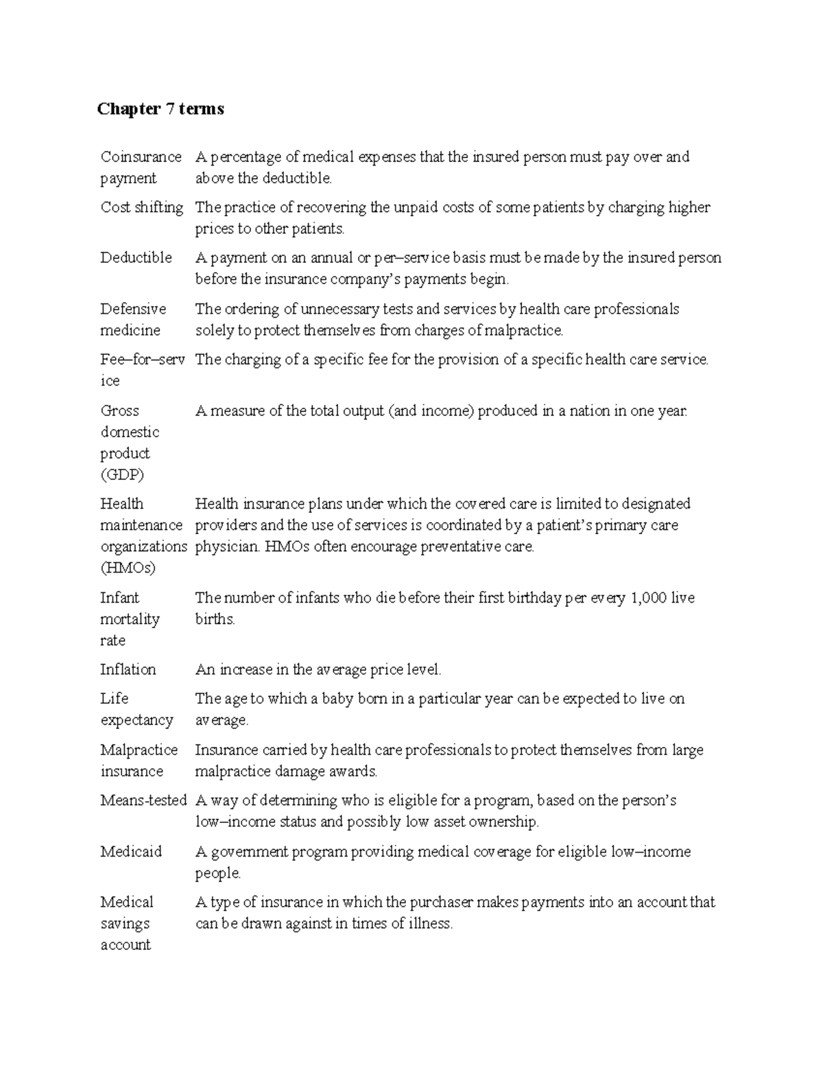 BUS 105 Chapter 7 terms - Prof. Laura Angerame class - Chapter 7 terms Coinsurance payment A ...