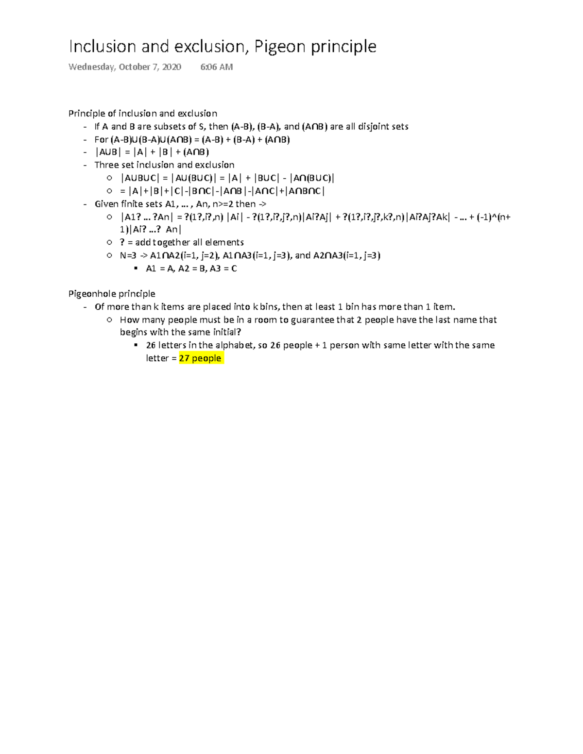 CS1300 include/exclude principle and pigeon hole - Principle of ...