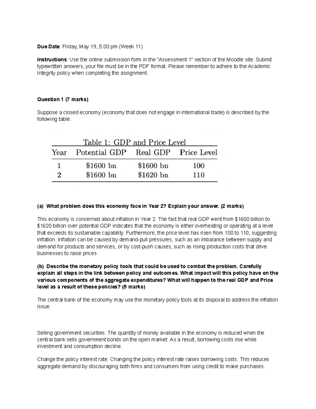 Econ100 Quiz 6 - Weekly tutorial economics questions - Due Date: Friday ...