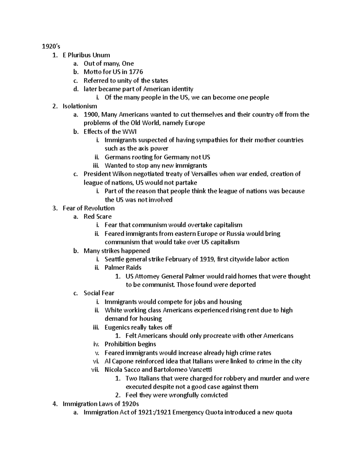 1920 - 1920s notes - 1920’s 1. E Pluribus Unum a. Out of many, One b ...