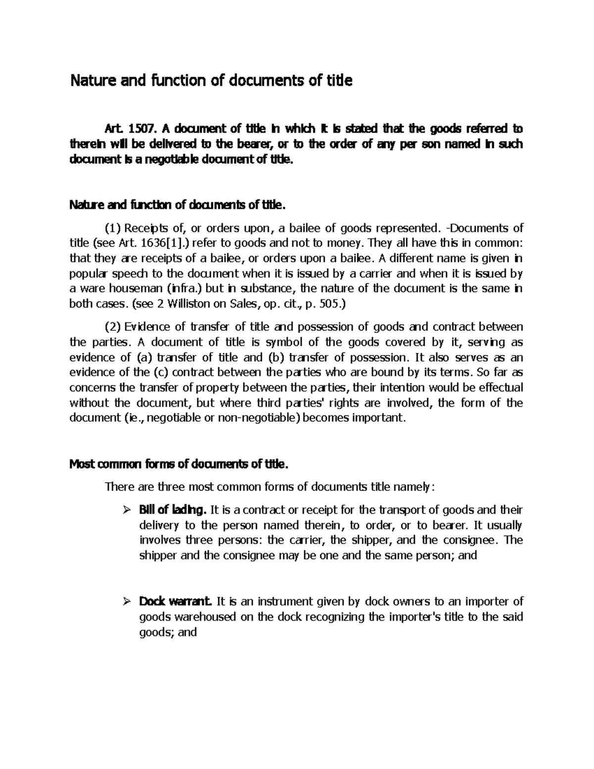 Nature and function of documents of title - 1507. A document of title ...