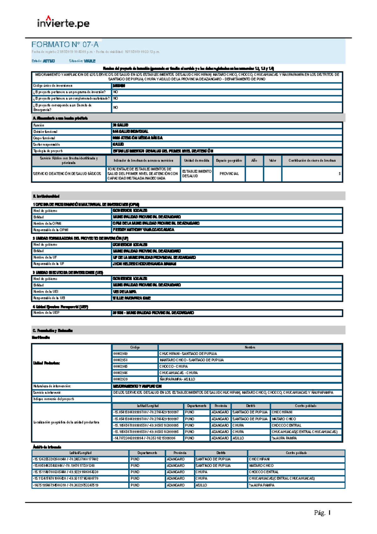 Formato 7A Viable de obra - Nombre del proyecto de inversión (generada en función al serv icio y ...