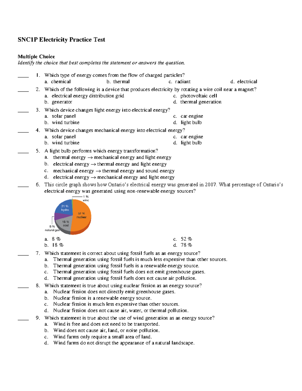 Electricity Practice Test with Answers - SNC1P Electricity Practice ...