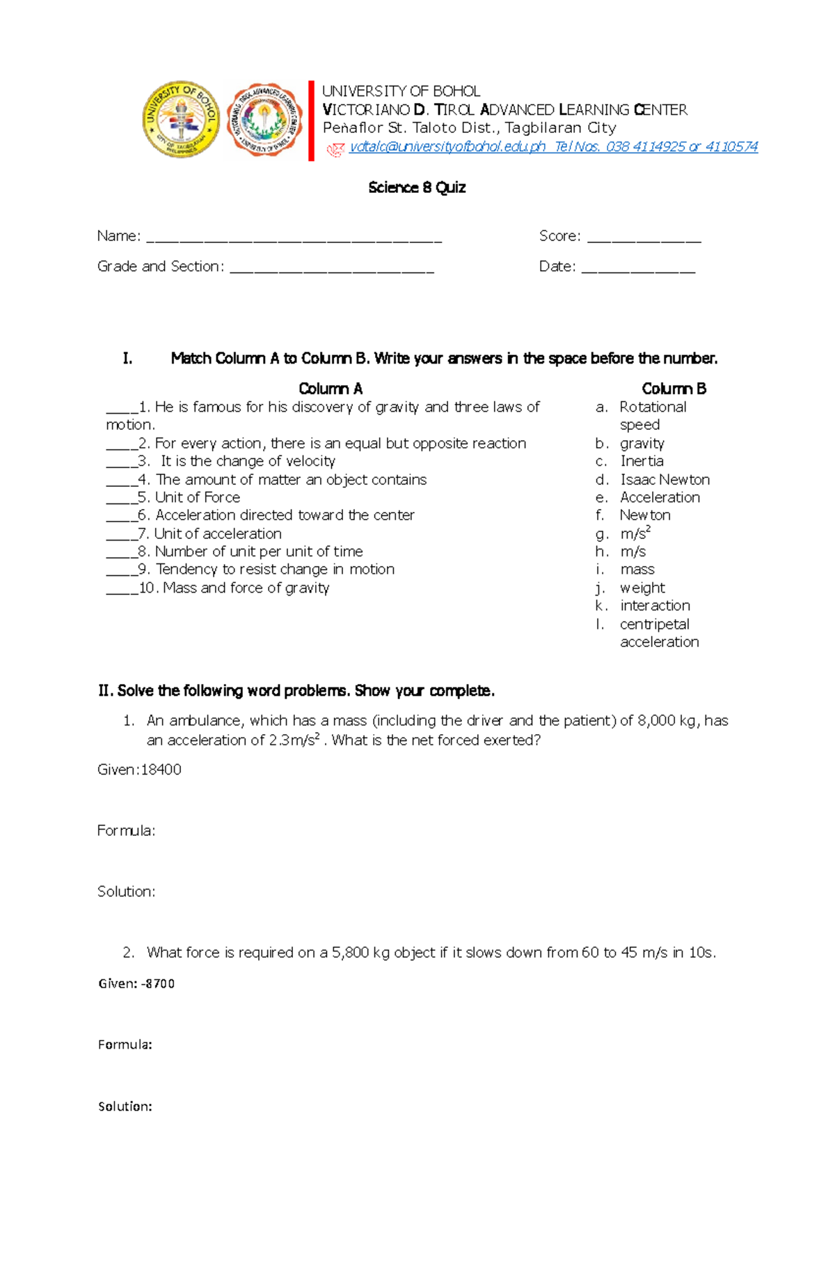 Grade 8-Quiz 1 Laws of Motion - Science 8 Quiz Name