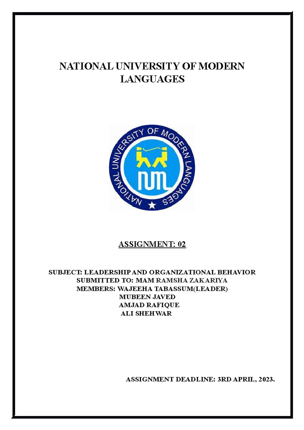 OB Assignment # 02 - NATIONAL UNIVERSITY OF MODERN LANGUAGES ASSIGNMENT ...