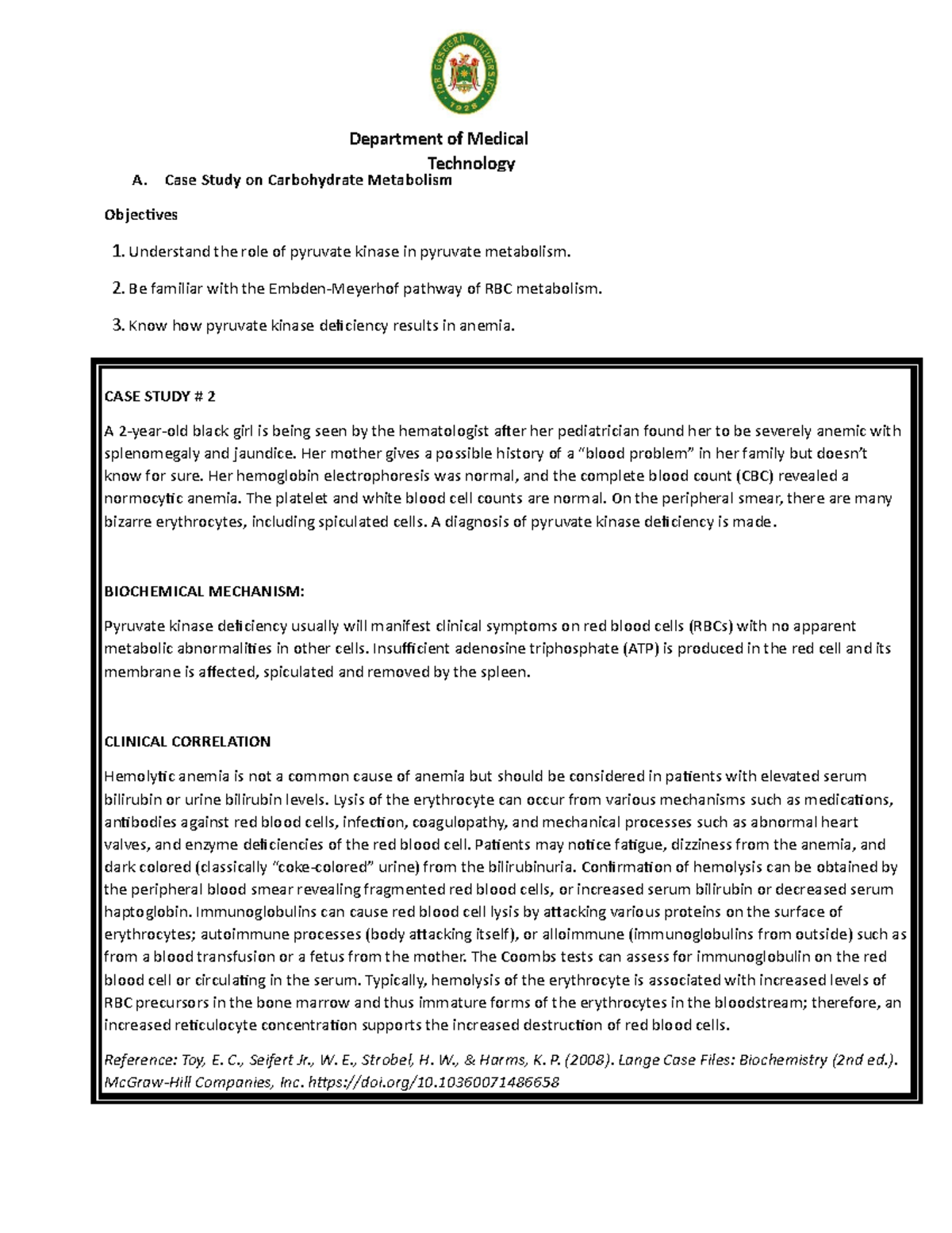 Notes for carbohydrated metabolism - A. Case Study on Carbohydrate ...